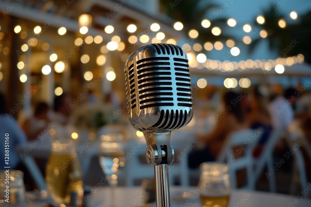 The singer's microphone stand is accompanied by a hanging light and a ...