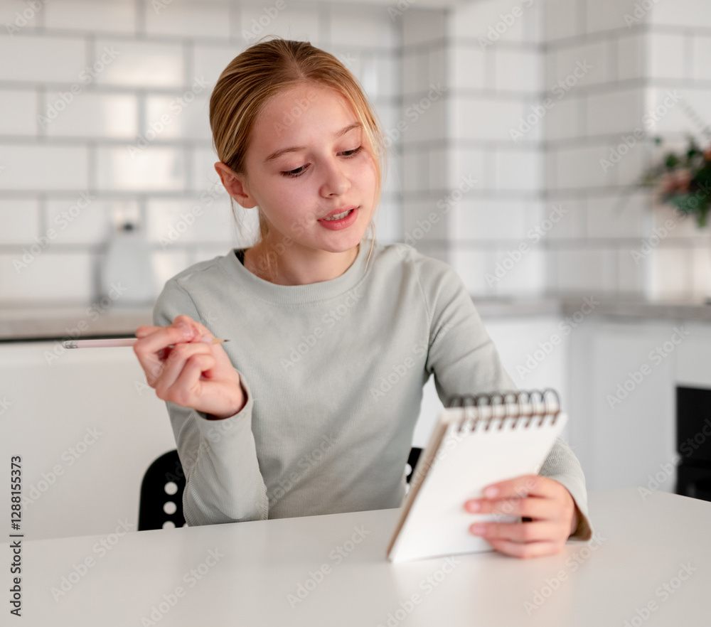 Happy, Cute Little Girl At Home With A Notebook Writing Notes Stock ...