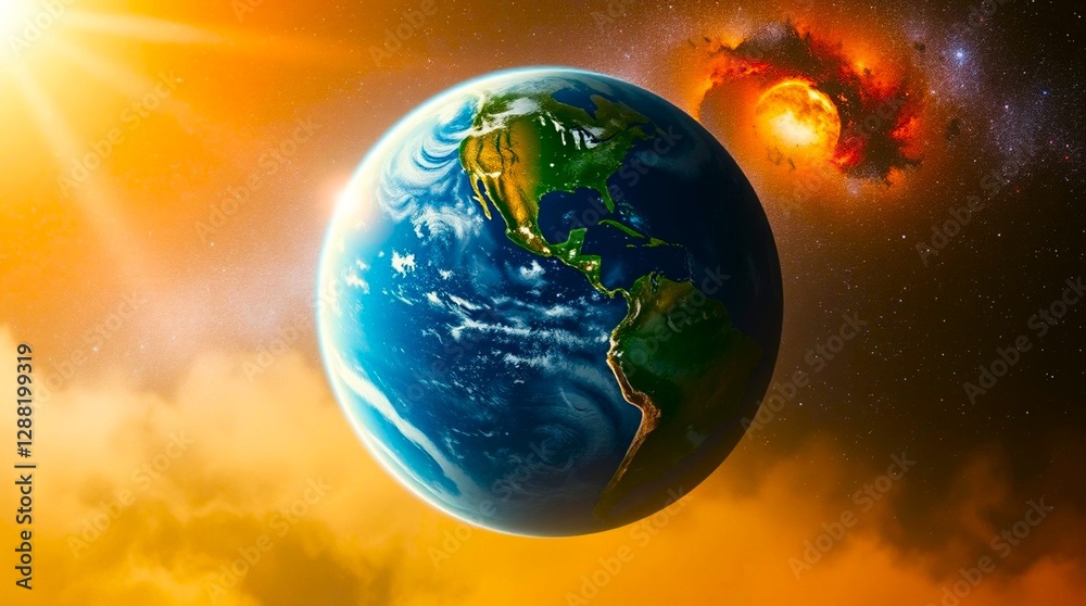Earth in space with the moon and sun shining over the oceans and ...
