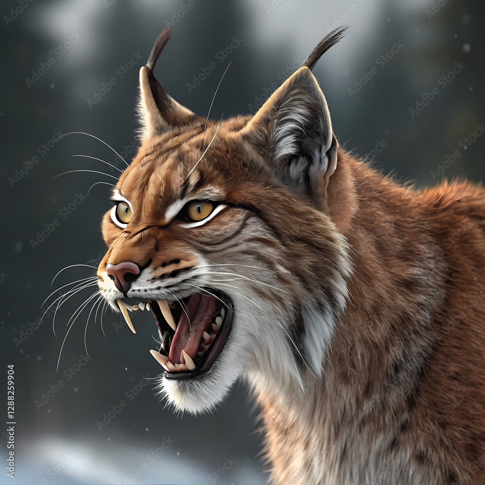 Growling lynx showing teeth with fur detail in natural environment ...