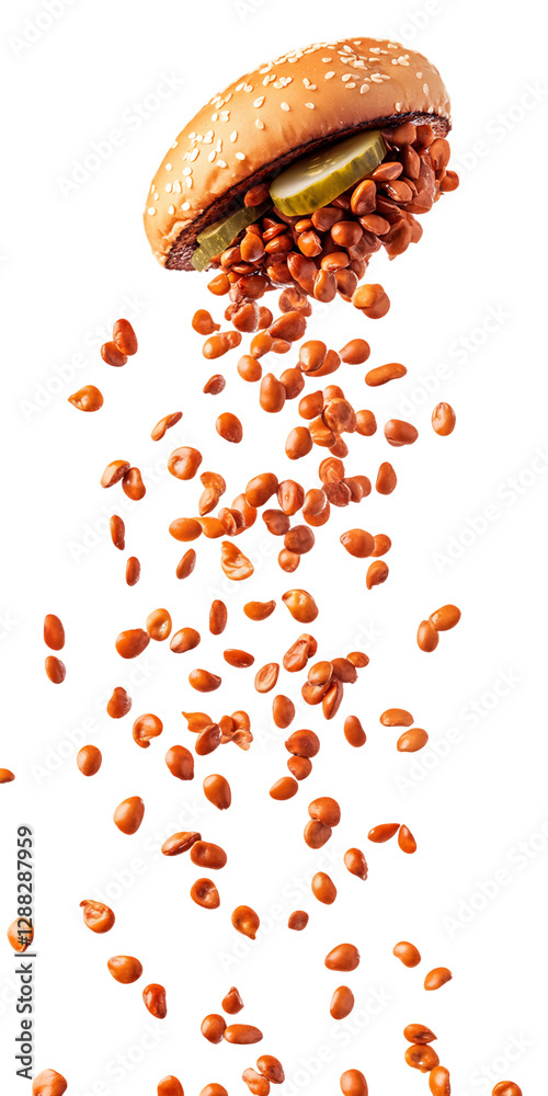 Baked Beans Falling From Burger Bun With Pickles On Transparent ...
