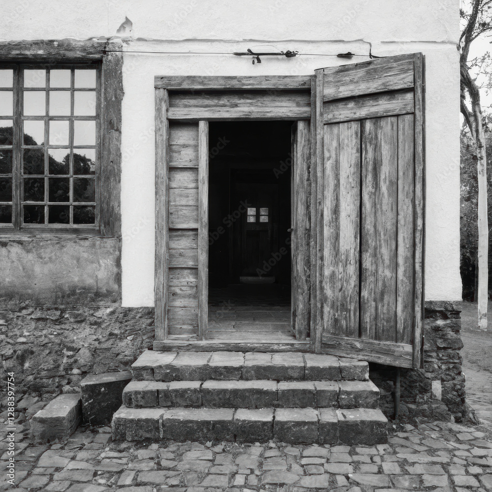 Old wooden door, open, entrance, stone, step, building, window, wall ...