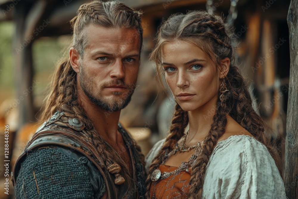 Couple in historical attire poses with intensity in a rustic outdoor ...