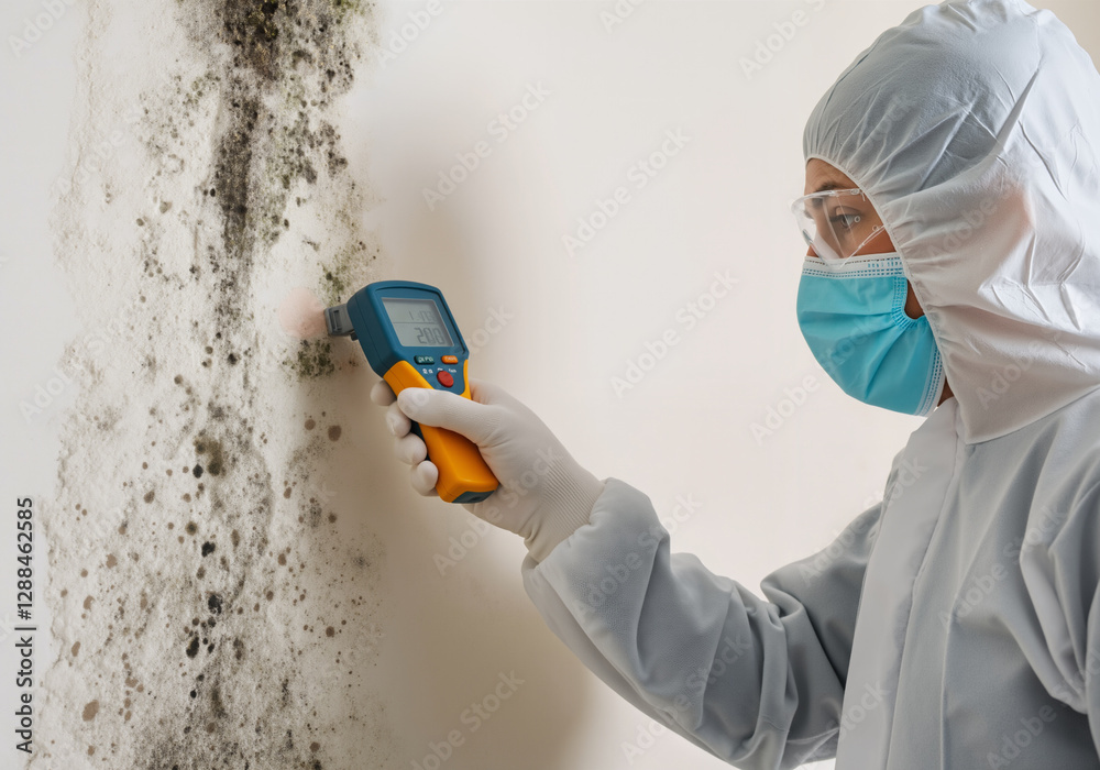 Mold inspector wearing protective gear uses a moisture meter to assess ...