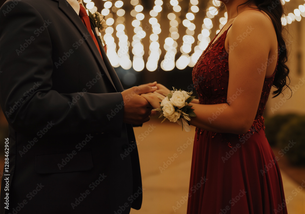 High school students holding hands, celebrating their prom night under ...