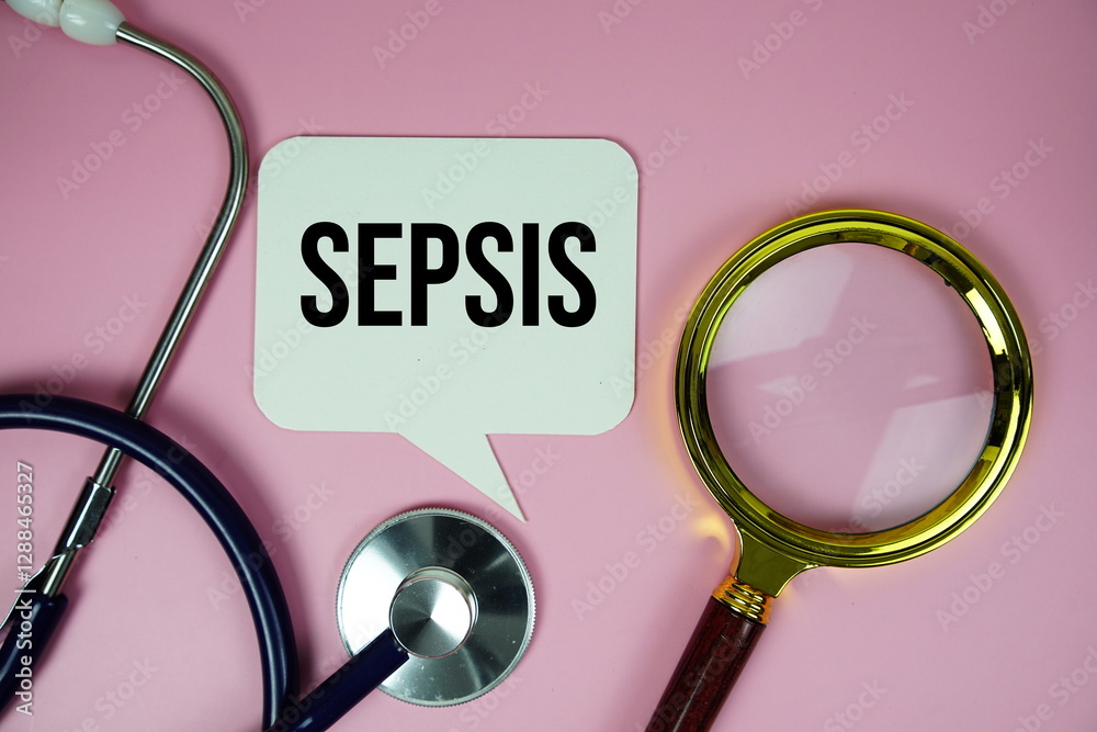 Sepsis text with stethoscope and magnifying glass on pink background ...