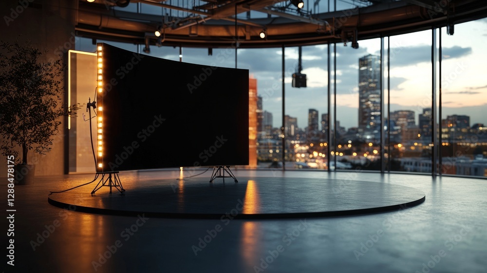 The scene presents a full-frame angle view of a virtual stage set ...