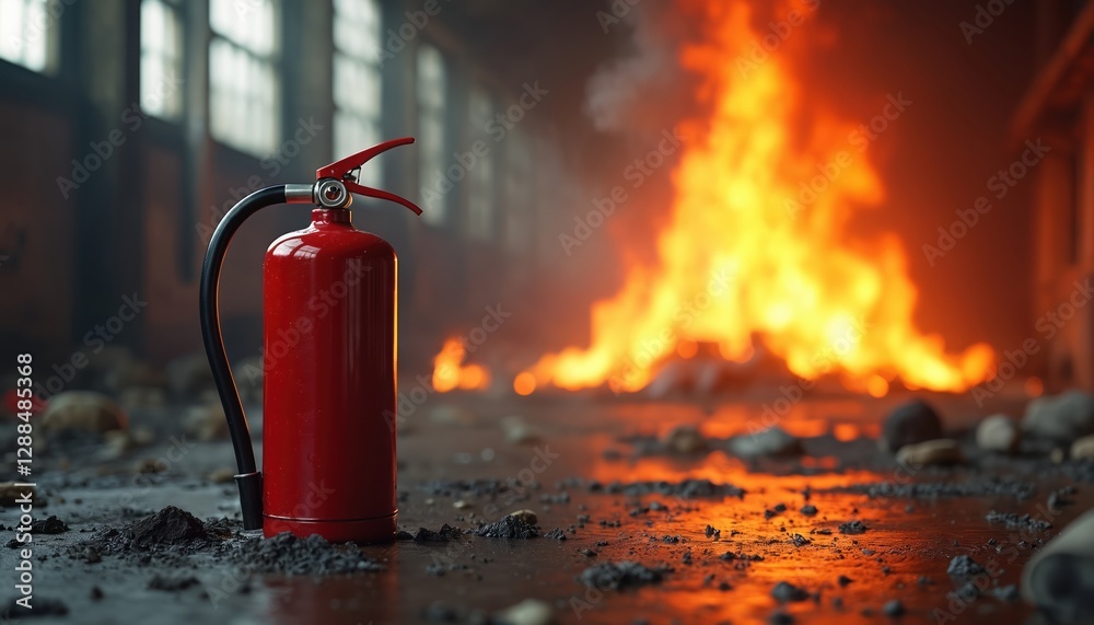 Red fire extinguisher stands on ground in burning building. Flames ...