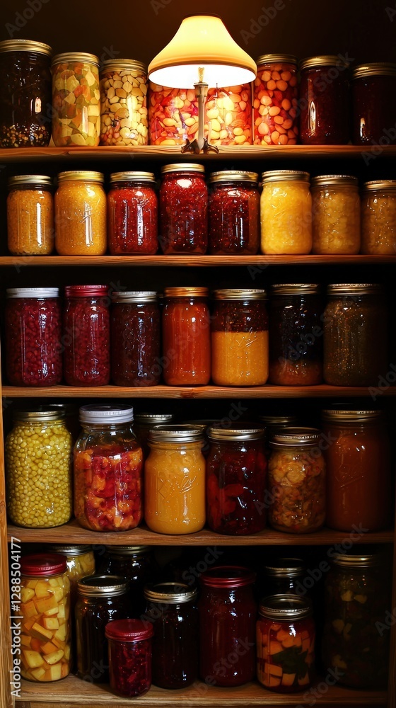 Well-organized shelf full of various jars of preserved foods creating ...