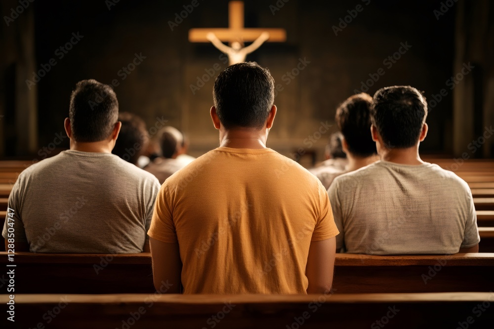 People attending mass in church are praying to jesus christ on wooden ...