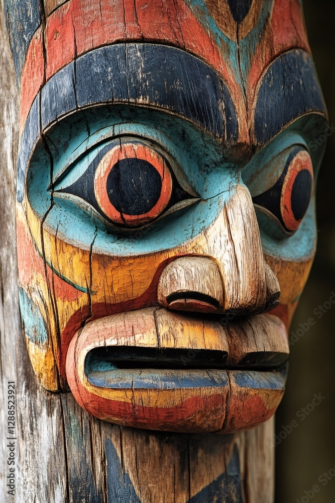 Traditional totem pole showing colorful carvings of native american art ...