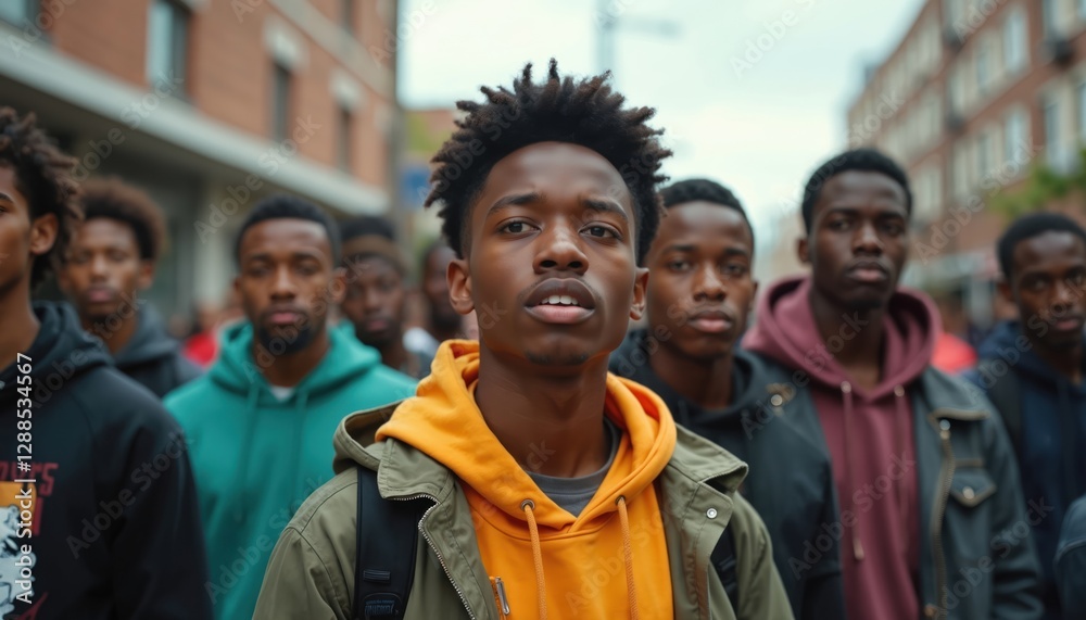 African American youth group walking street. Diverse young people ...