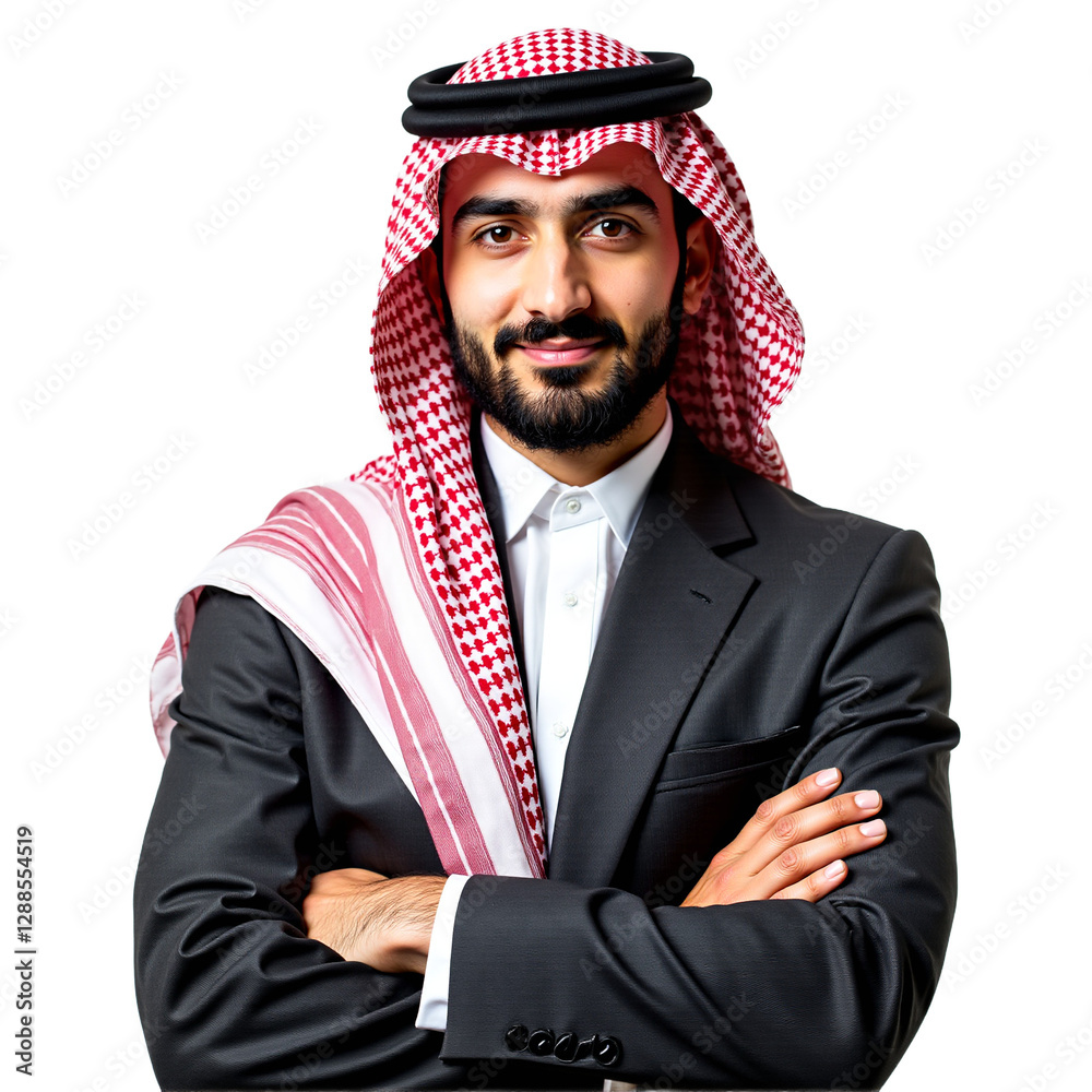 Confident Saudi businessman portrait. Young man in suit and headdress ...