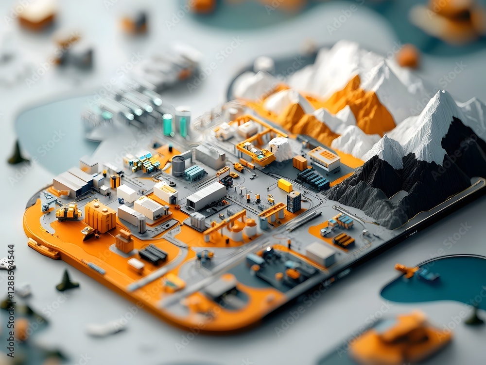 Detailed aerial overview schematic visualization of the global ...