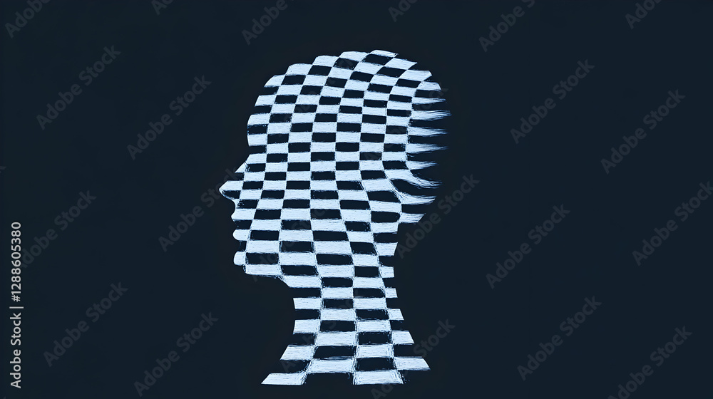 Digital checkered pattern dissolving from human head silhouette ...