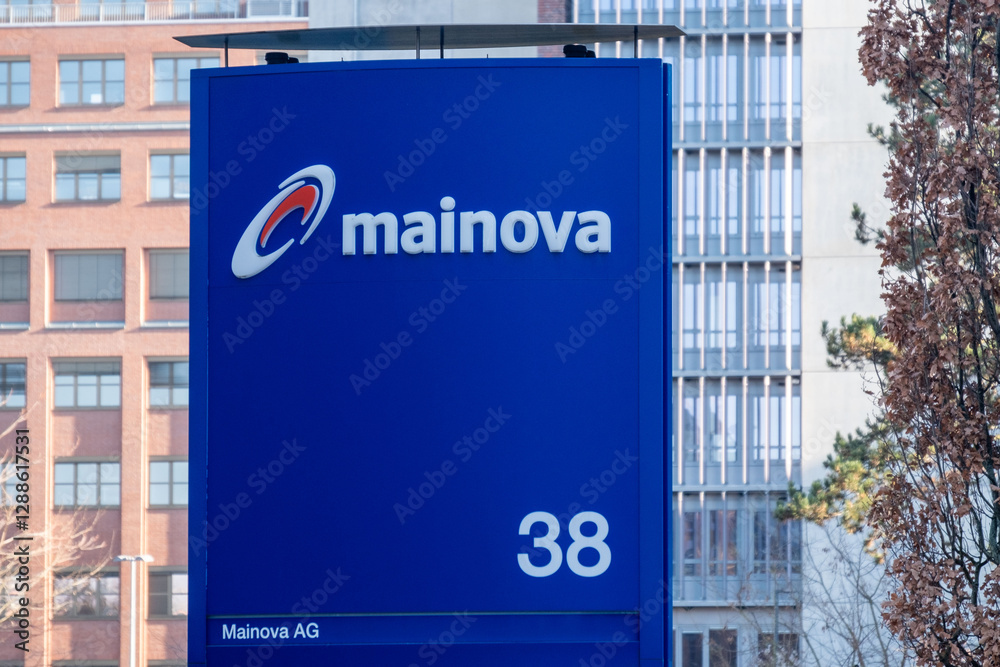Mainova logo on corporate building, sustainable energy solutions ...