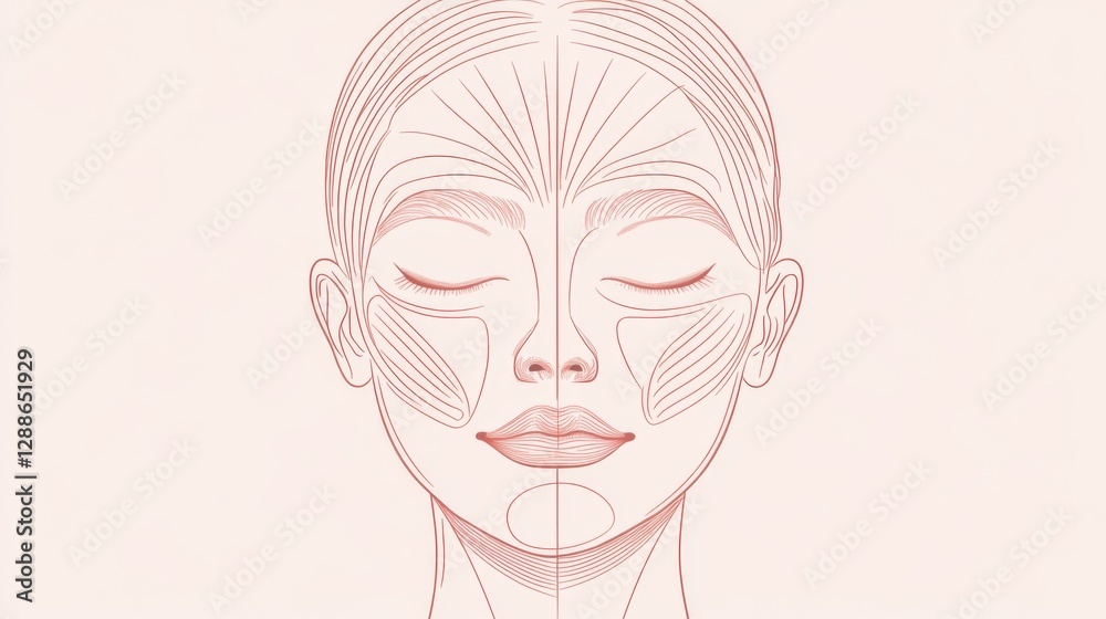Facial anatomy illustration with line art of female face showing ...