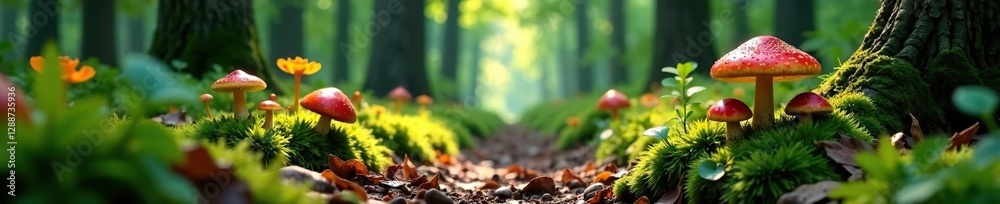 Forest path with marone mushrooms and fallen branches, woods, trees ...