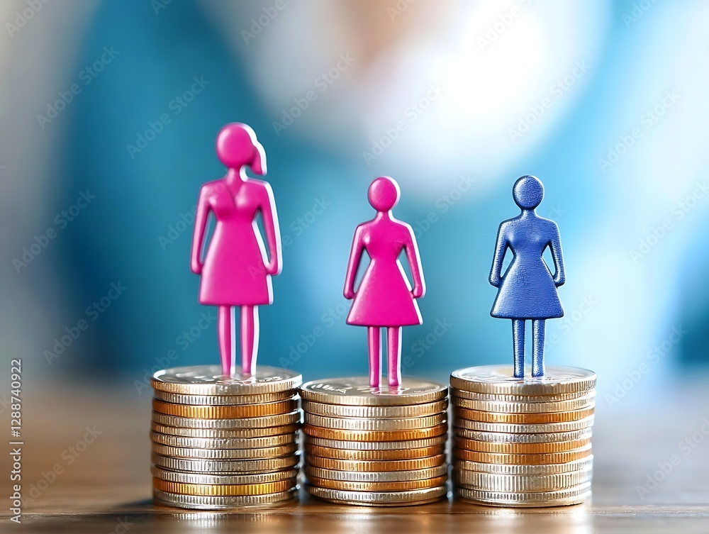 Figures representing genders stand on coins, visually depicting the ...