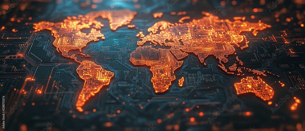 PCB world map closeup, digital circuits forming a global map, glowing ...