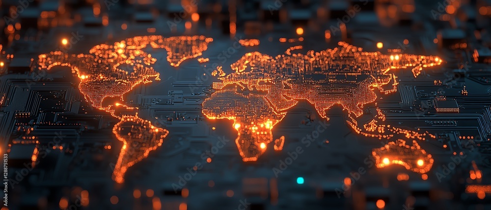 PCB world map closeup, digital circuits forming a global map, glowing elements, hightech future ...