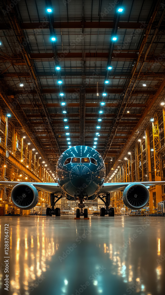 The widebody jetliner within an industrial hangar reflects ambient ...