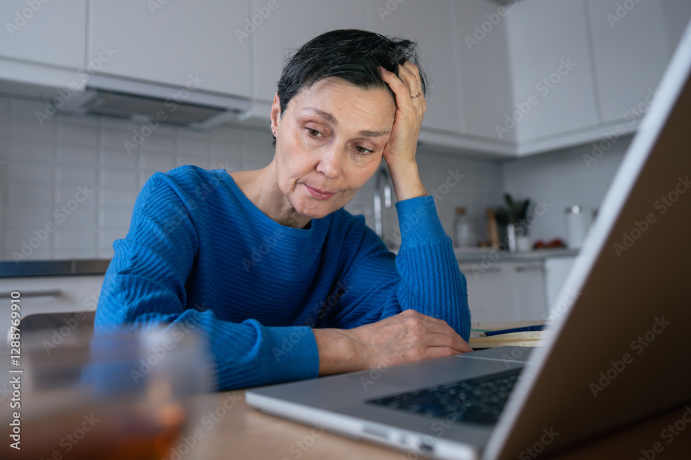 Exhausted mature woman slouched at desk in front of laptop, overwhelmed ...