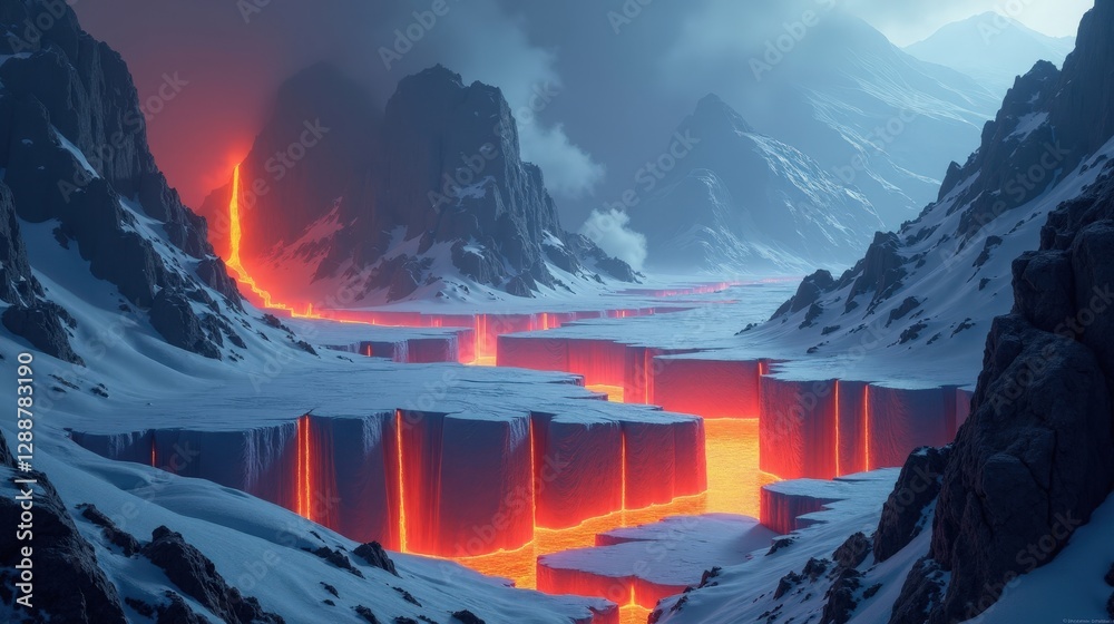 A volcanic ice world where fire and frost coexist, glowing rivers of ...