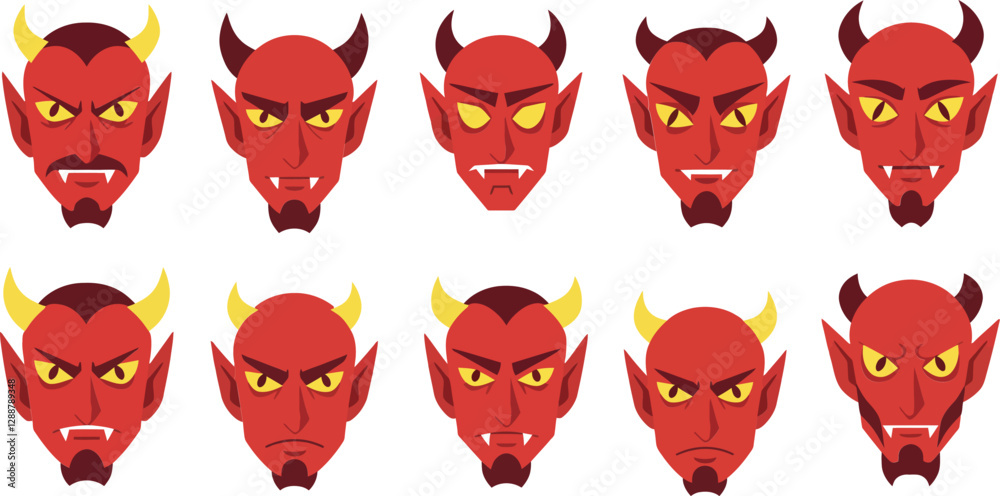 Cartoon devil faces showing various expressions with horns and sharp ...
