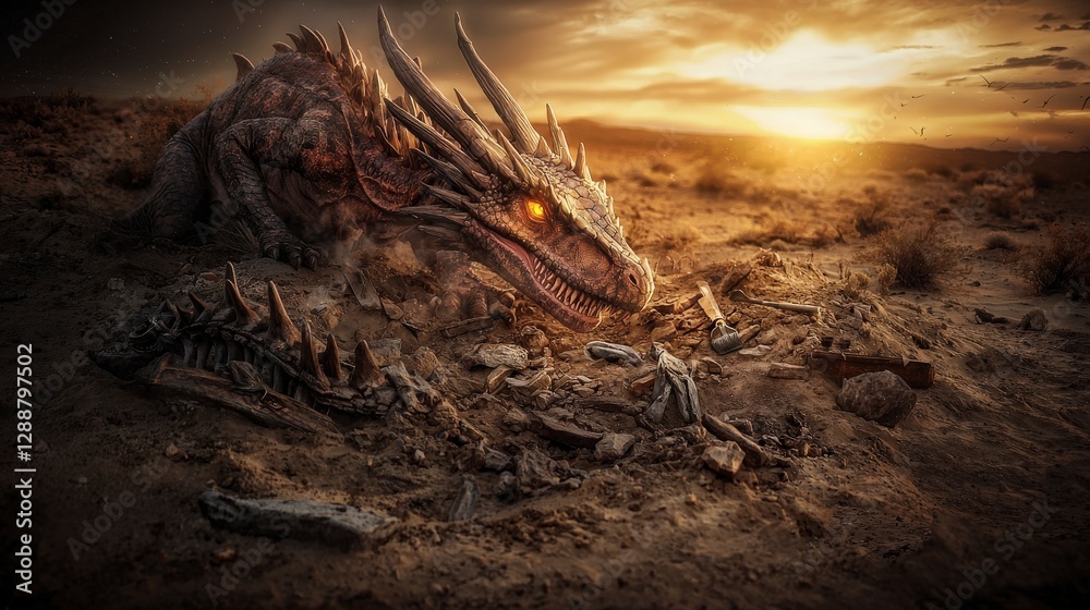Archaeologist uncovers chimera dragon skeleton in desert fantasy scene ...