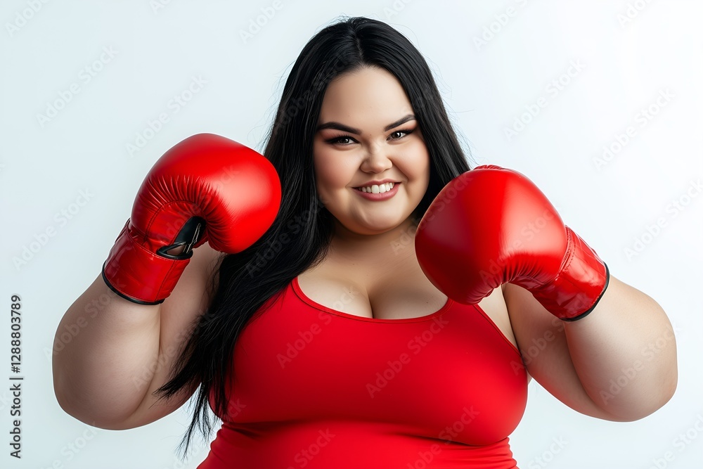 Beautiful plus-size young smiling woman in red sportswear wearing red ...