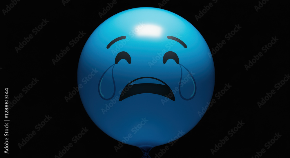 Sad blue balloon with a crying emoji face against a dark background ...