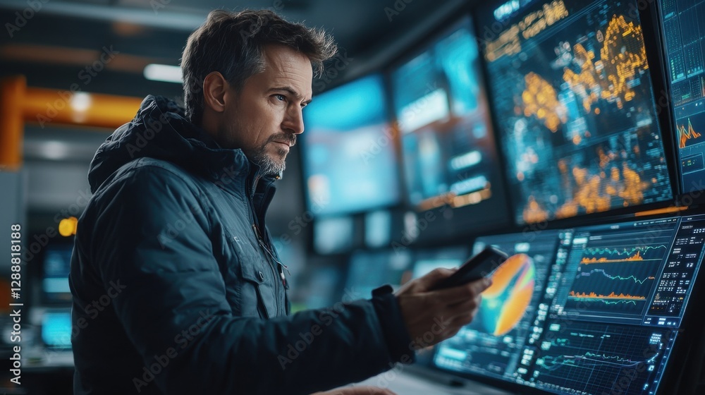 Innovation, smart agriculture, solar and wind farms and clean energy Focused Man Analyzing Data ...