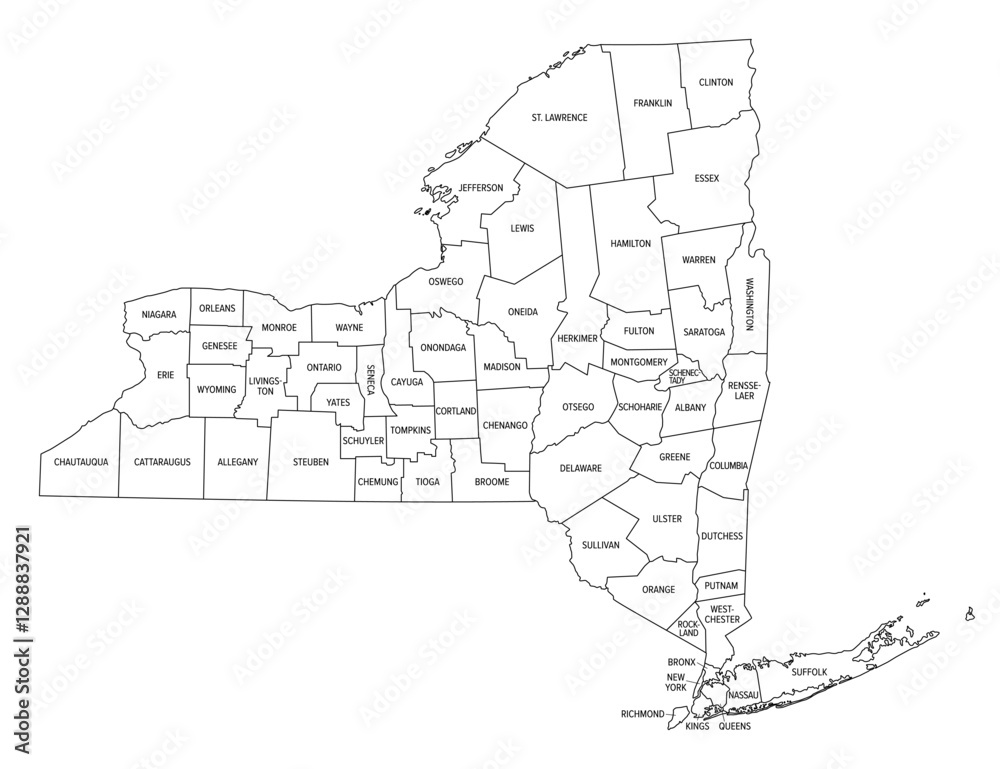 New York State subdivided into 62 counties, outline map. State of the ...