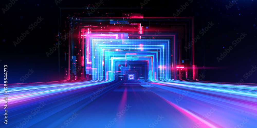 Empty digital podium with neon ligts. Glowing scene spotlights..Product ...