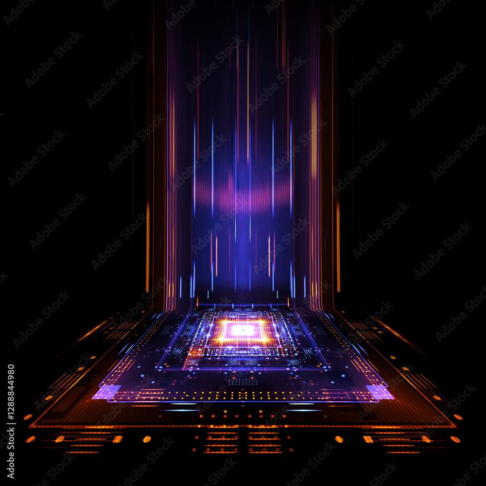 Empty digital podium with neon ligts. Glowing scene spotlights..Product ...