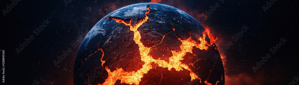 Earth demise Doomsday. Fiery earth with cracks and lava, depicting ...