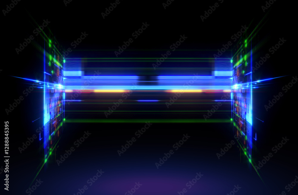 Empty digital podium with neon ligts. Glowing scene spotlights..Product ...