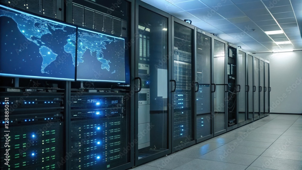 Foto de Stock Modern Data Center: Rows of powerful servers hum with activity in a state-of-the ...