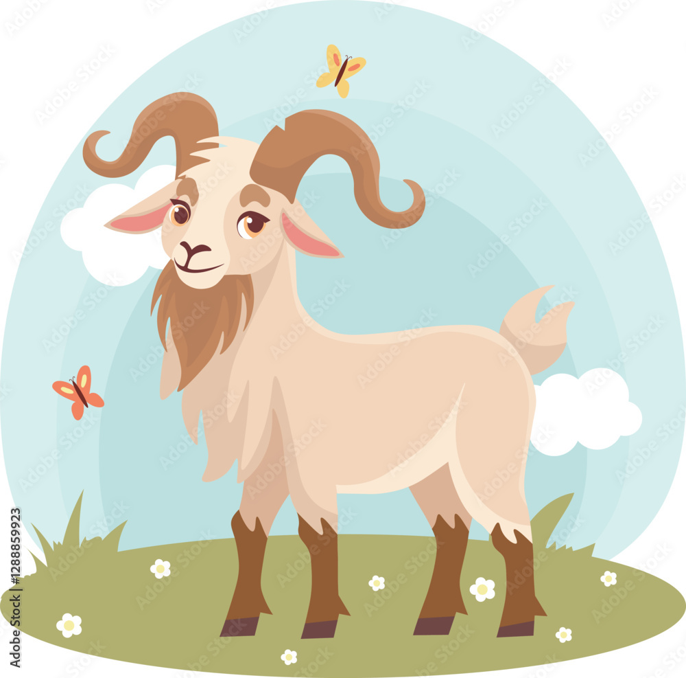 Goat. Farm animals with landscape - cute cartoon vector illustration ...