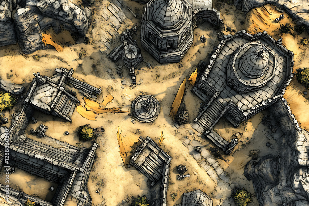 Isometric Battle Map Game View of Ancient Ruins and Sand Terrain with ...