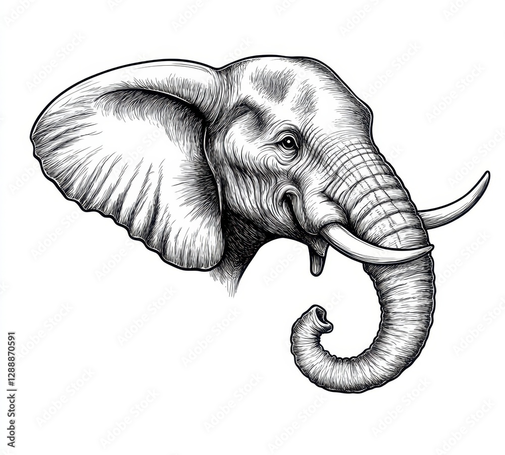 Detailed black and white pen and ink drawing of an elephant's head and ...