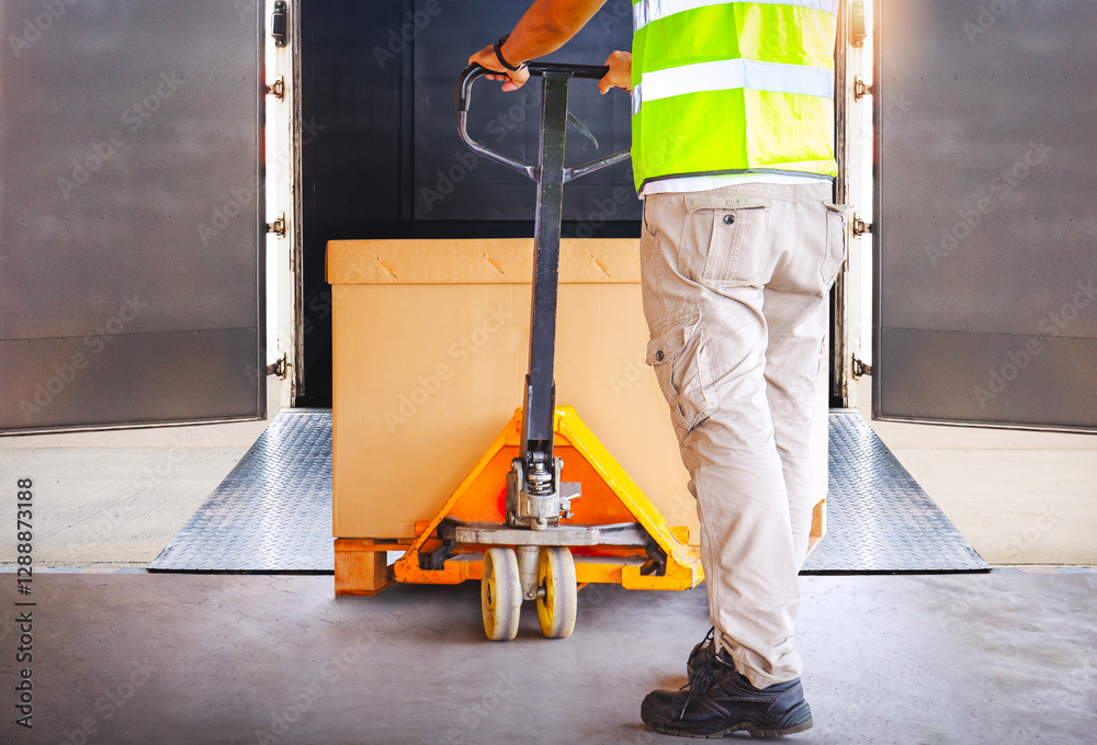 Workers Loading Pallets of Goods into The Truck. Forklift Pallet Jack ...