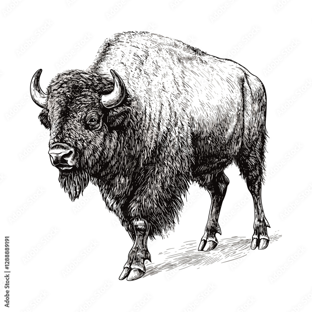Black sketch bison illustration in antique style, vintage art, large ...