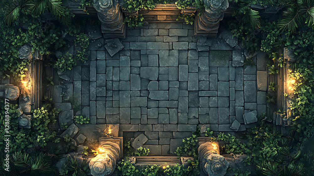 Overhead View Of A Dark Stone Battle Map With Overgrown Ruins And Torches for Game Design ...
