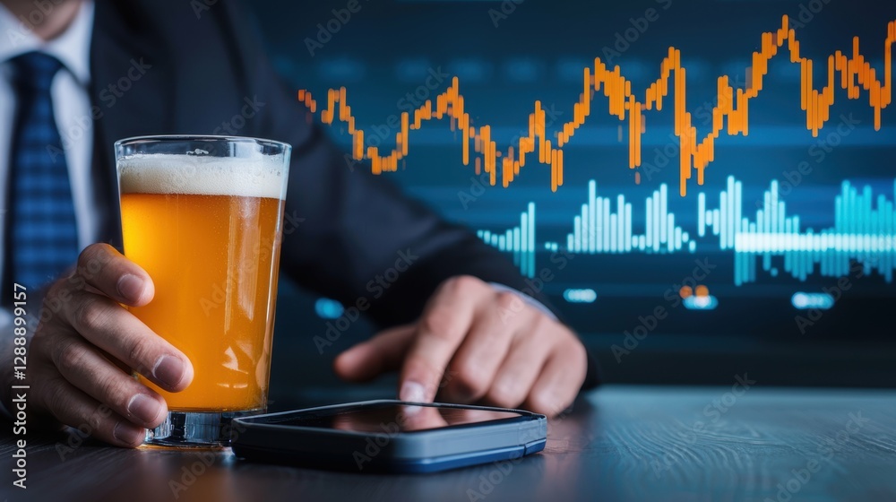 Financial analysis in a bar businessman reviewing phone with beer and ...