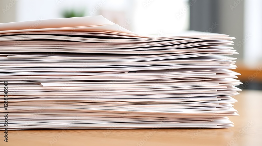 The image shows a neatly stacked pile of paperwork on a desk ...
