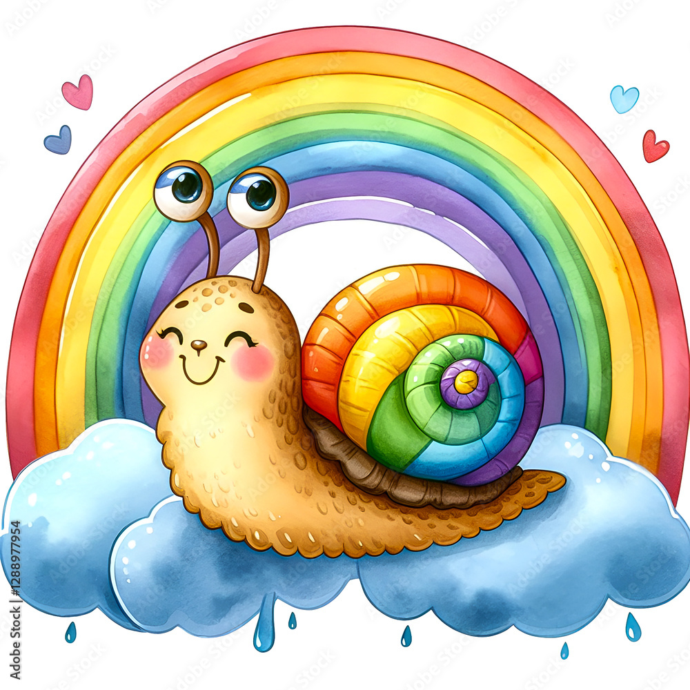 Watercolor Clipart of a cute cartoon snail with a rainbow. Watercolor ...
