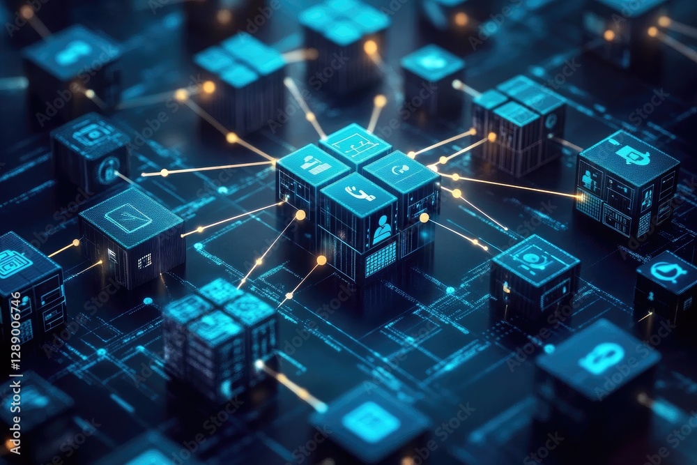 Connected digital cubes, intricate network, futuristic technology Stock Photo | Adobe Stock