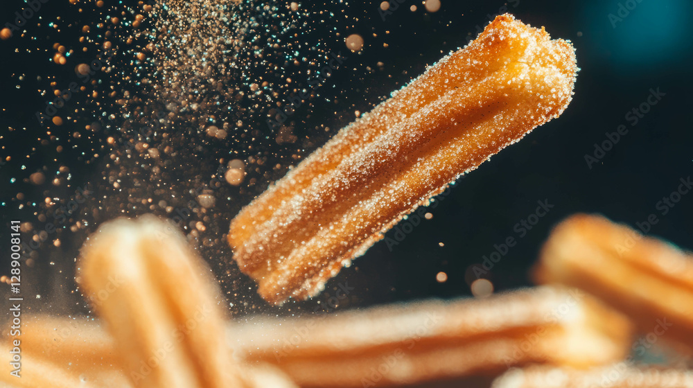 Sweet churros falling with sugar dust in motion for dessert and bakery ...